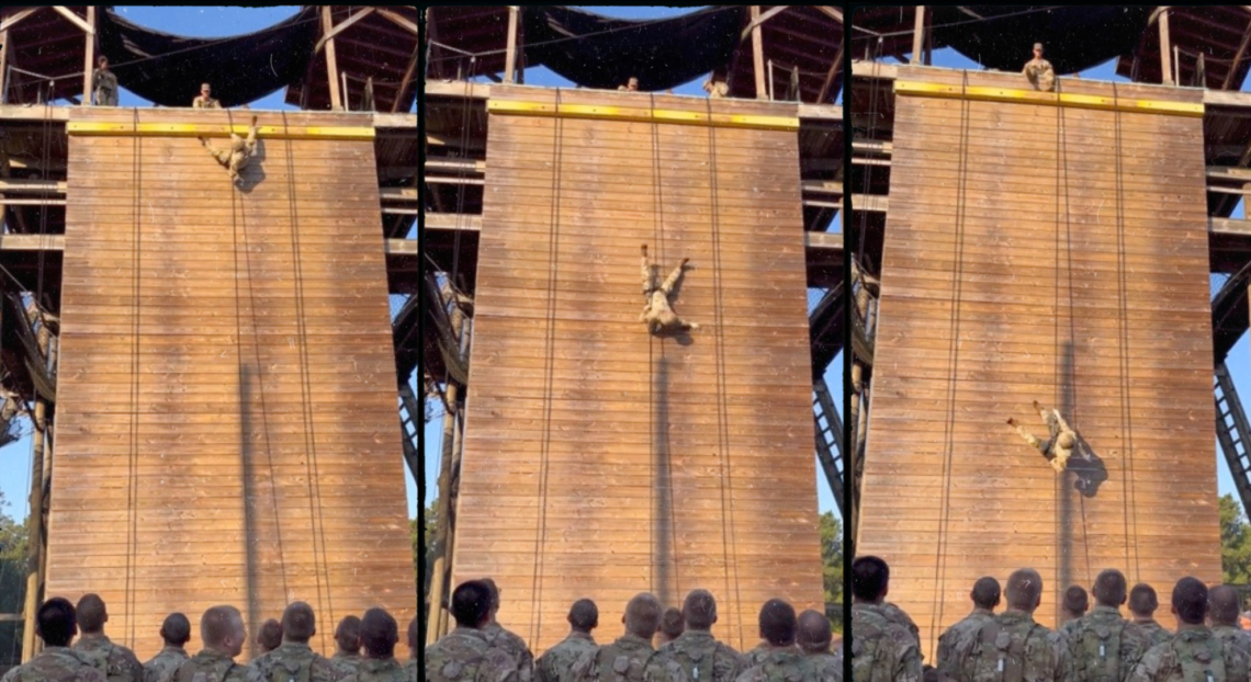 US Army demonstration shows soldier struggling with rappel tower and ...